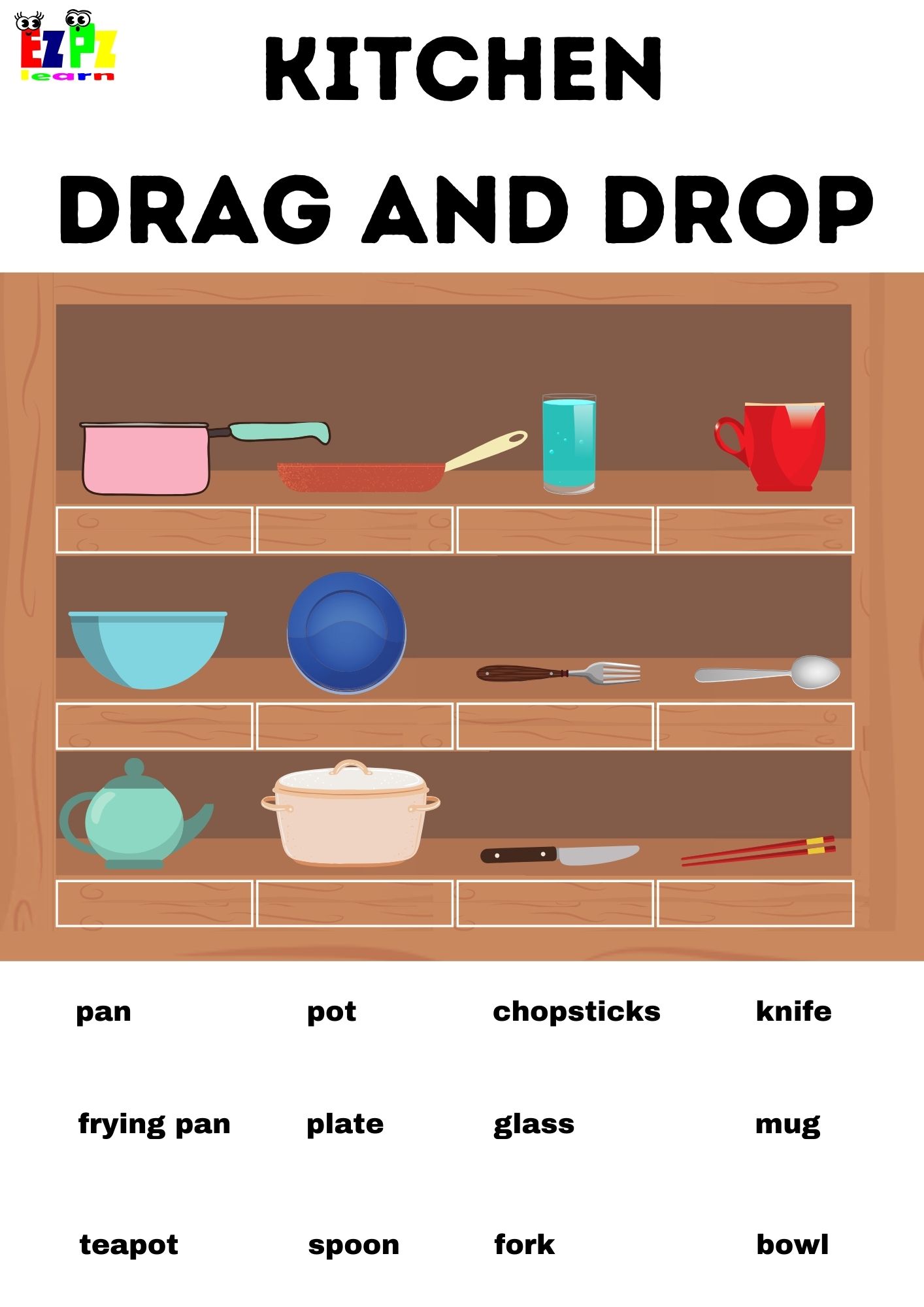 Kitchen Utensils Drag and Drop Interactive Worksheet - Ezpzlearn.com